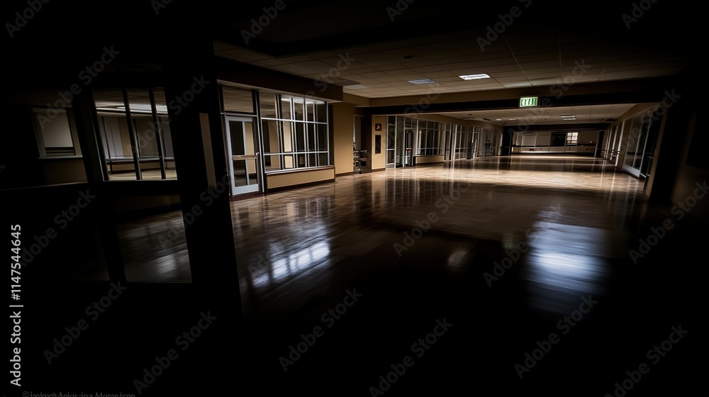 Dark room with faint emergency exit sign glow during power blackout ...