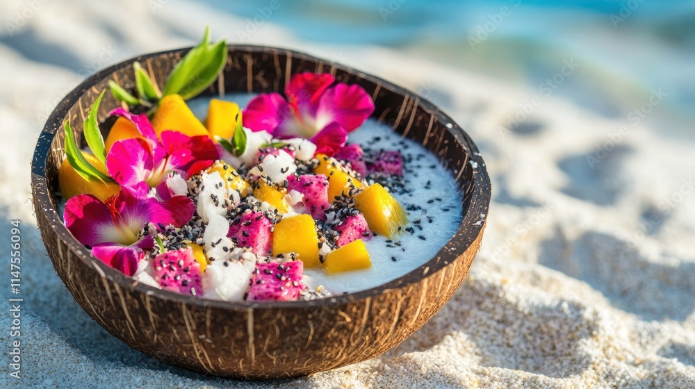 Tropical fruit smoothie bowl with mango, dragon fruit, chia seeds, and ...