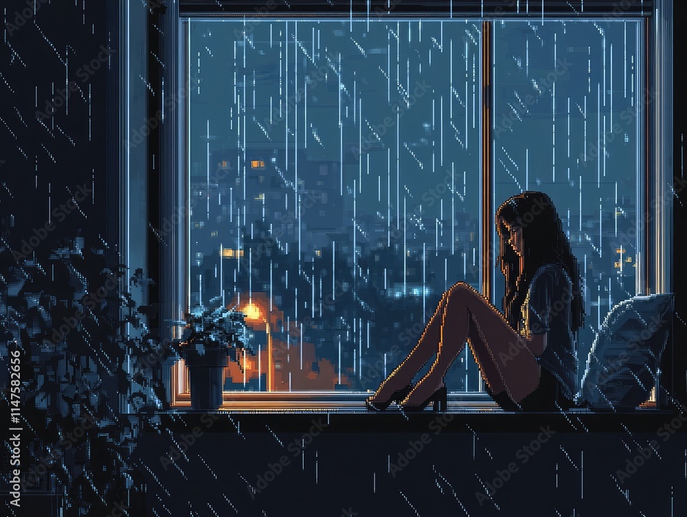 8-bit pixel art, a girl sitting on the window sill in front of rain ...