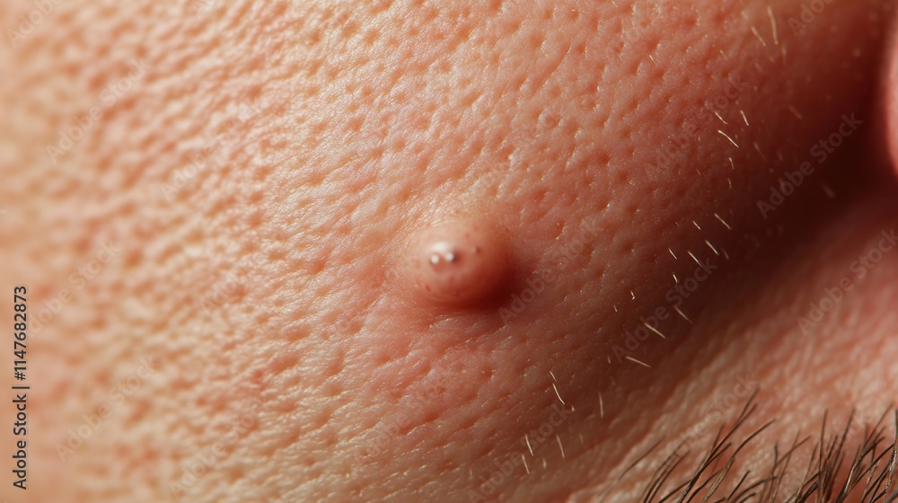 Close-up of tiny small, hard bumps on facial skin, showing textured ...