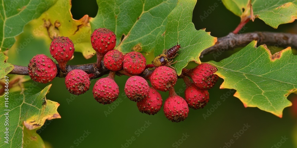 Red galls formed by a wasp larva on oak leaves provide unique ...