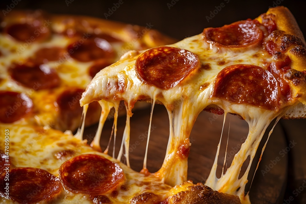 Greasy pepperoni pizza being pulled out from the main pizza Stock Photo ...