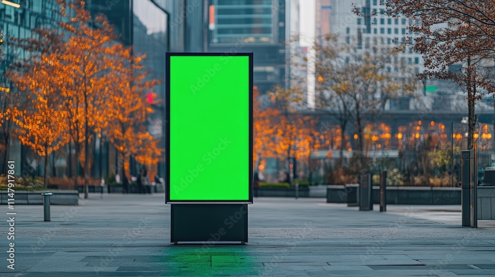 Mockup. Vertical advertising stand in the street. Blank green screen ...