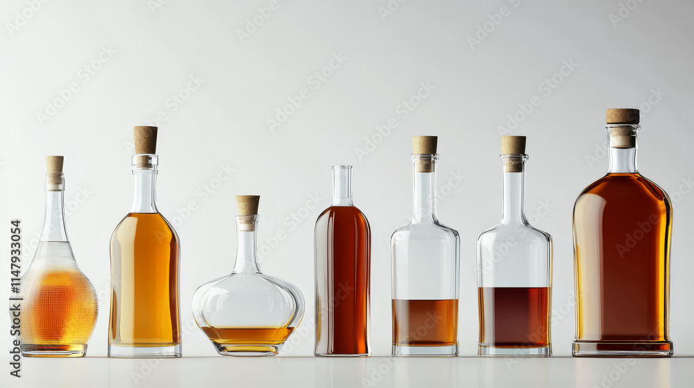 Glass bottles various shapes set. Vodka, rum, whiskey alcohol drinks ...