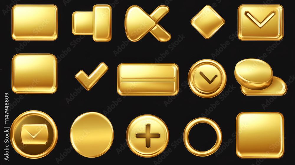 Golden buttons for user interface design in game, video player or ...