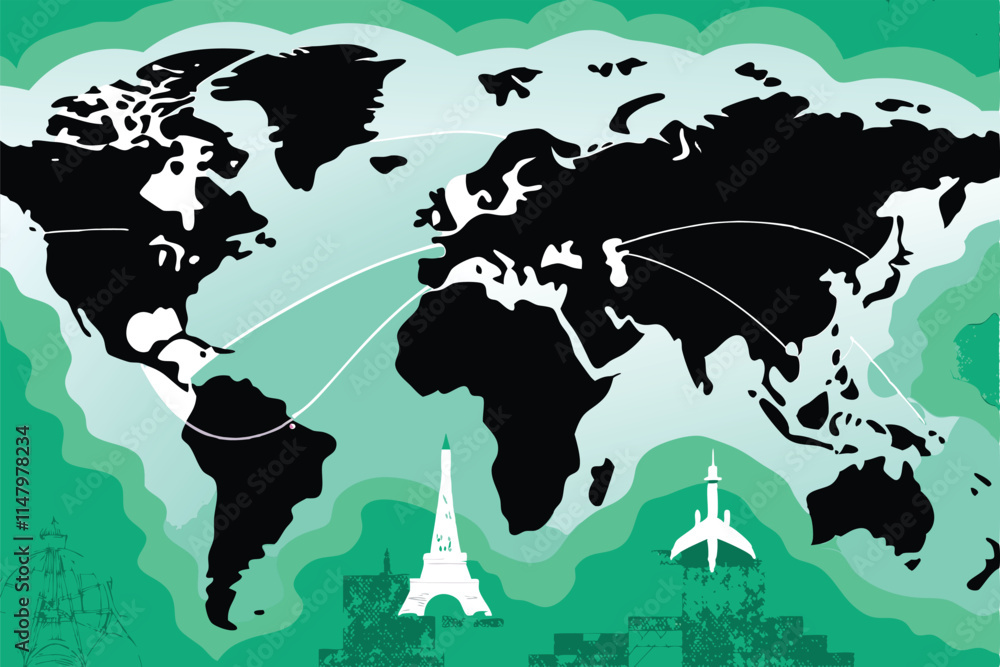 Create a vibrant world map highlighting major tourism destinations ...