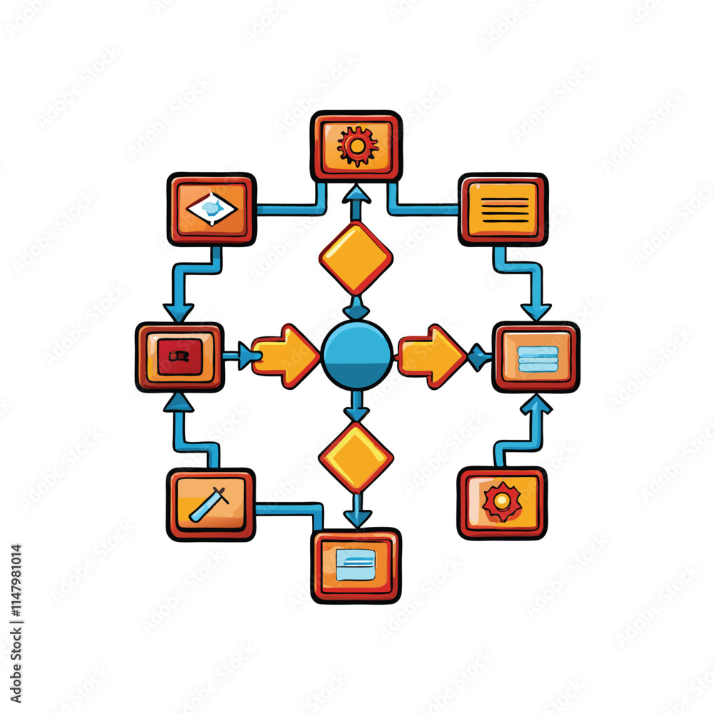 Create a clean, vector illustration of a detailed process flow diagram ...