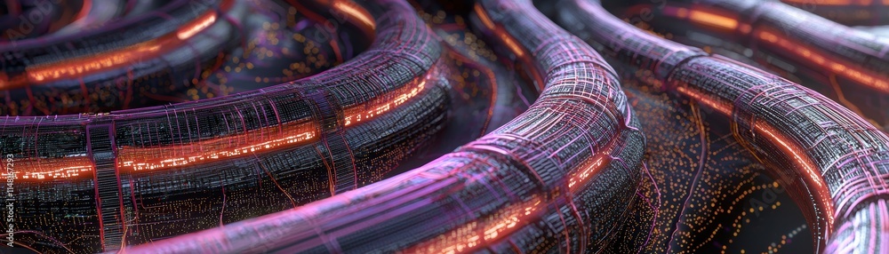 Abstract close-up of illuminated fluid-like surfaces with flowing lines ...