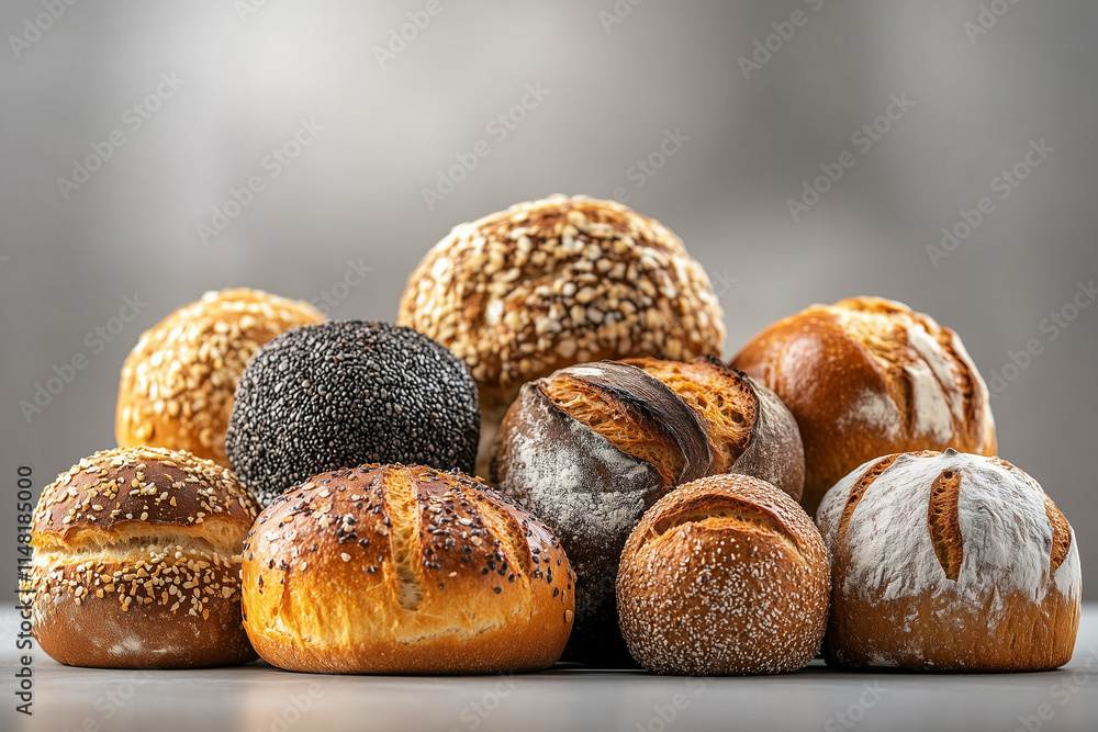 Various types and kinds of bread and buns on kitchen bakery table close ...