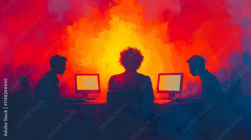 Watercolor image of employees in a coworking space, blending remote and ...