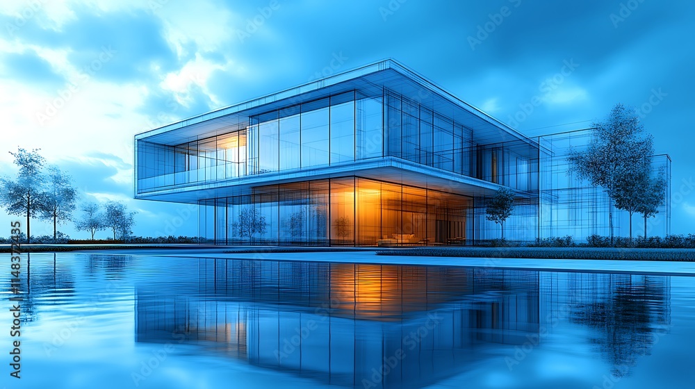 Blueprint overlays add a technical edge to sleek modern home renders ...