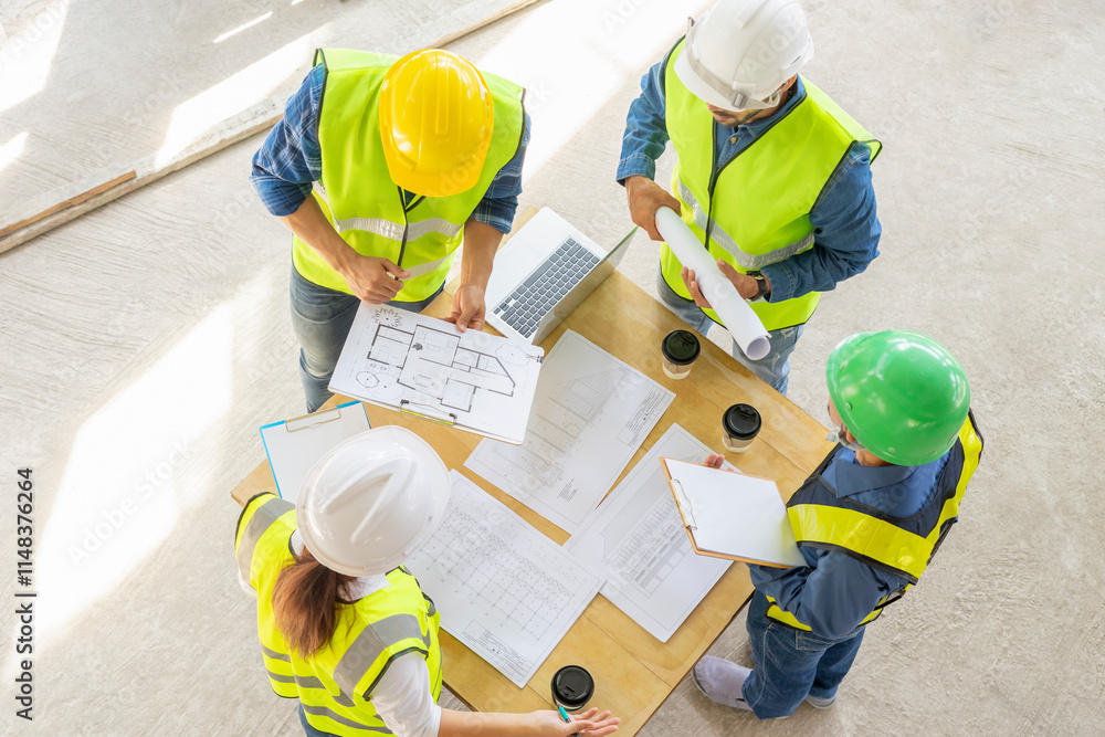 engineering teamwork meeting on table before inspection structure of construction site,civil ...