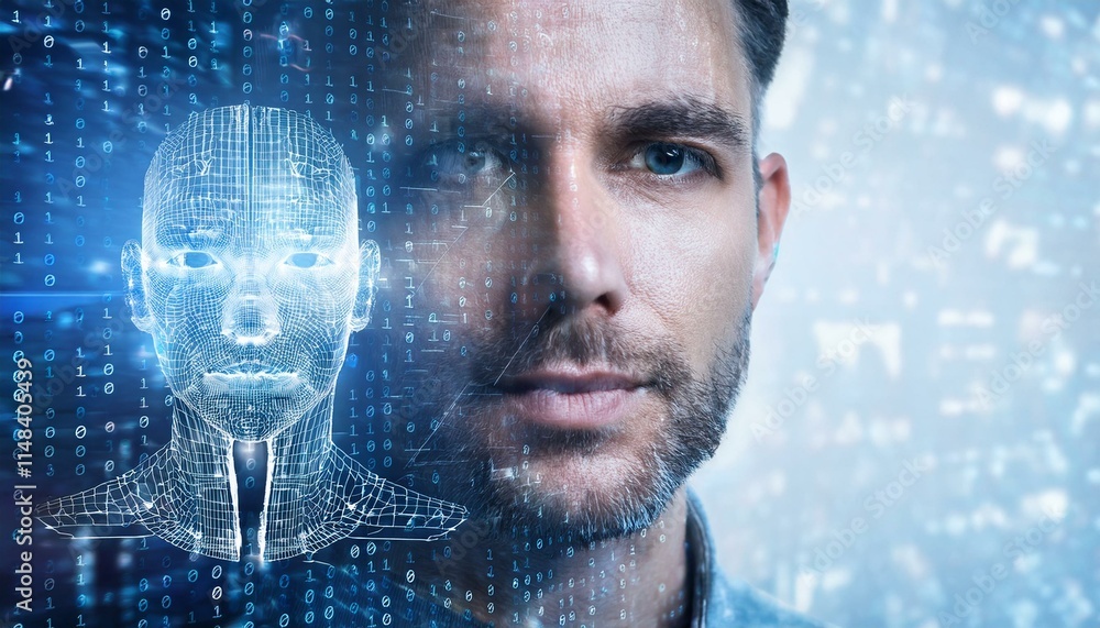 The Future is Now: A man stares confidently into the camera, his face ...