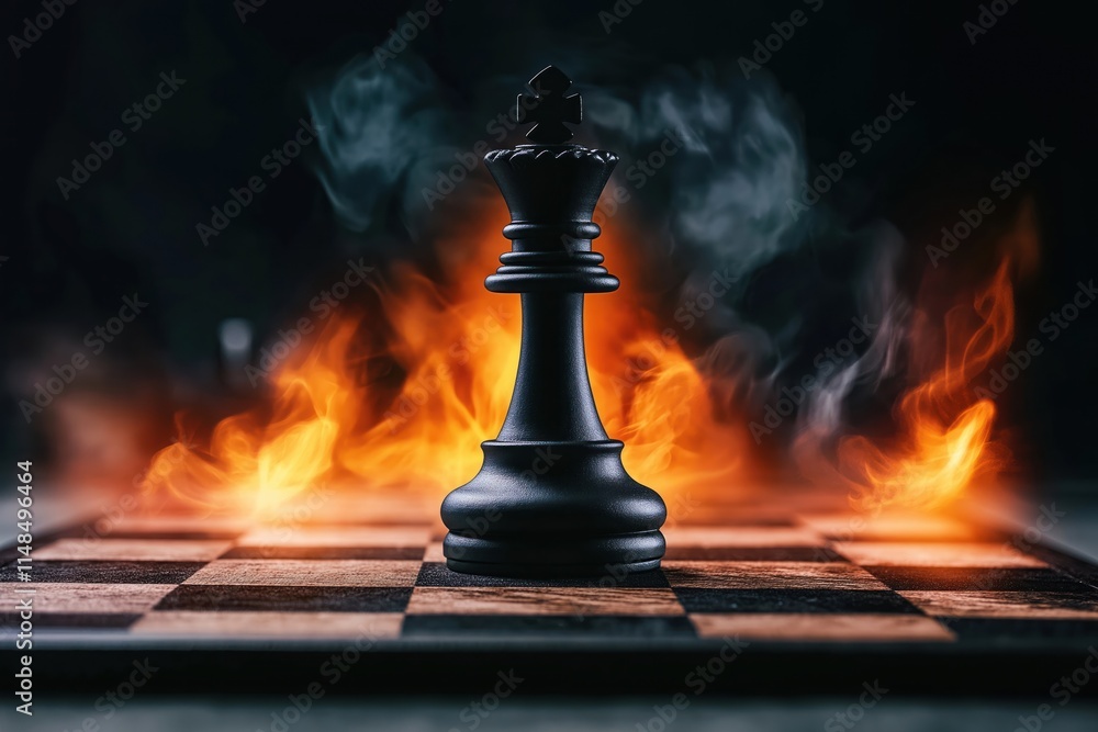 Dark majestic black king chess piece kneels on aged chessboard. Fiery ...