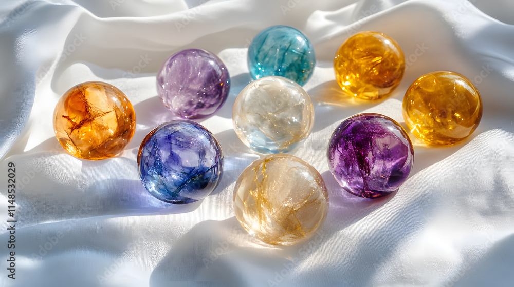 Ten vibrant crystal spheres in assorted colors rest on a white silk fabric. Each sphere ...