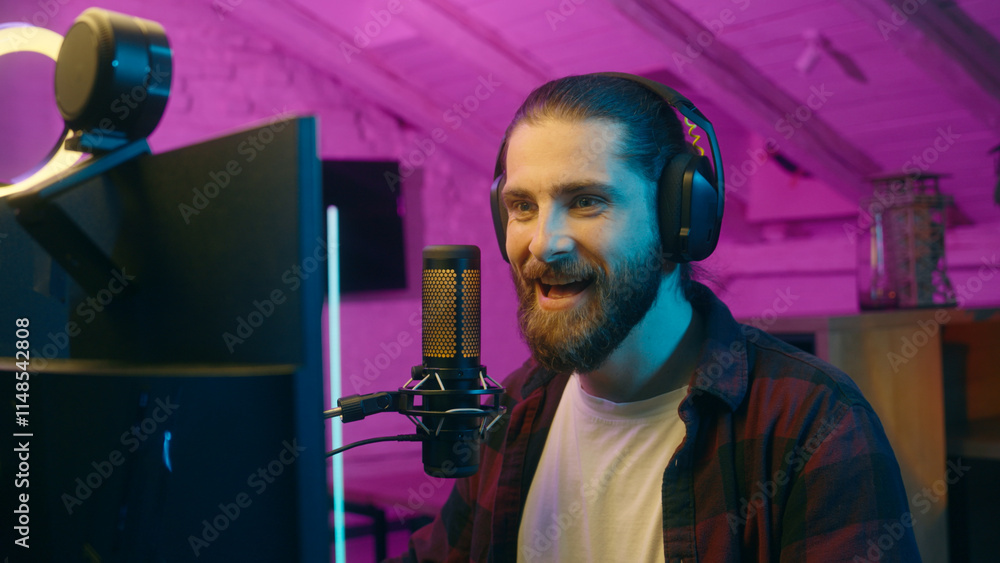 Shocked Caucasian man angry vlogger talking microphone mic addicted ...