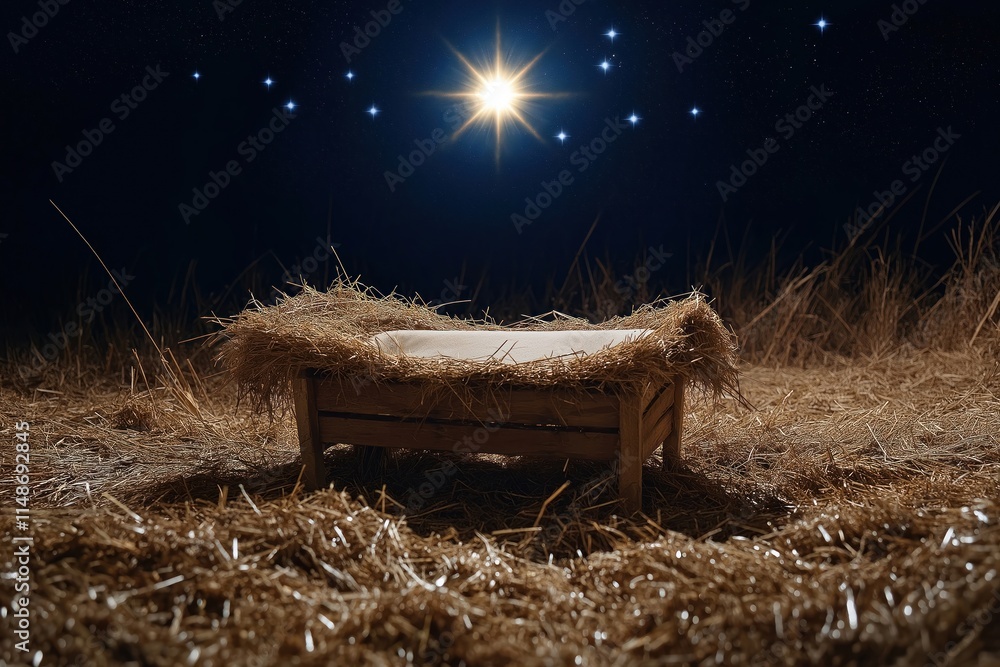 Empty manger sits in hay field. Bright star shines above dark night sky ...