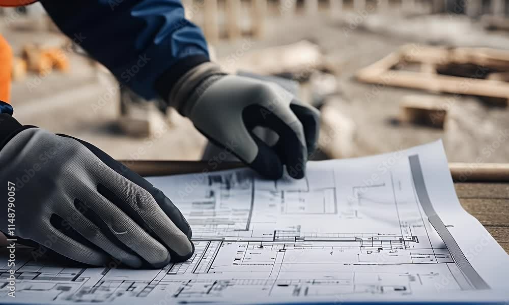 Construction Worker Carefully Reviews Detailed Architectural Drawings ...