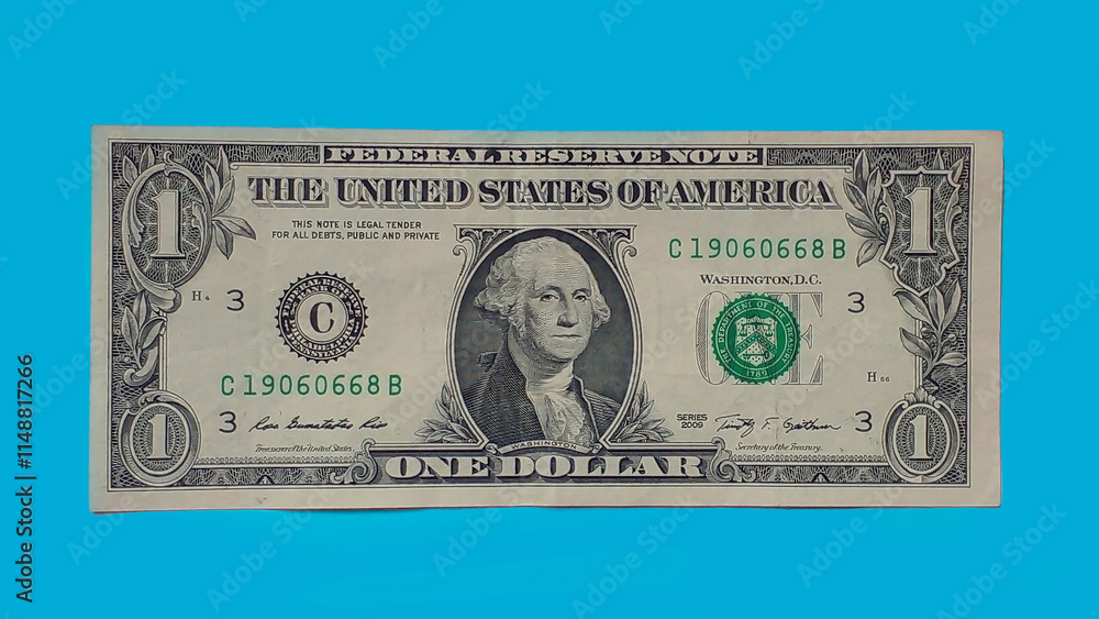 One US dollar bill on blue background. USA dollar bill. Texture of one ...