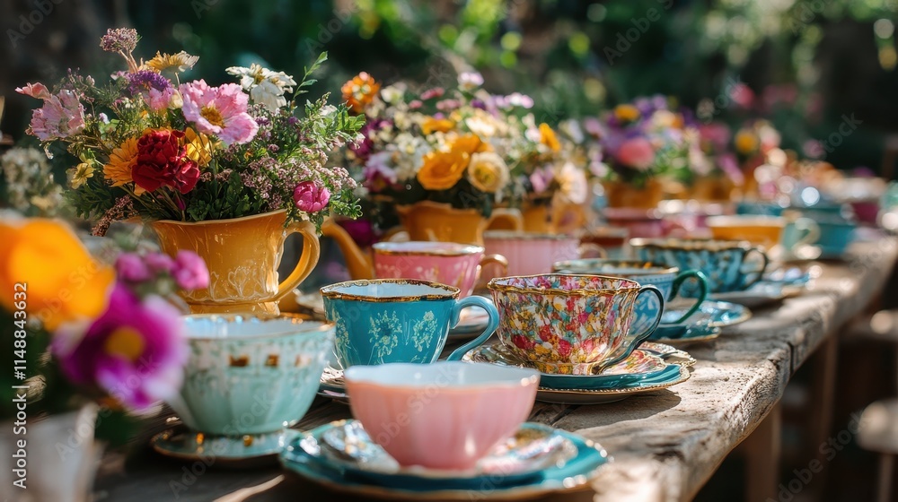 Whimsical tea party setup with mismatched cups and playful decorations ...