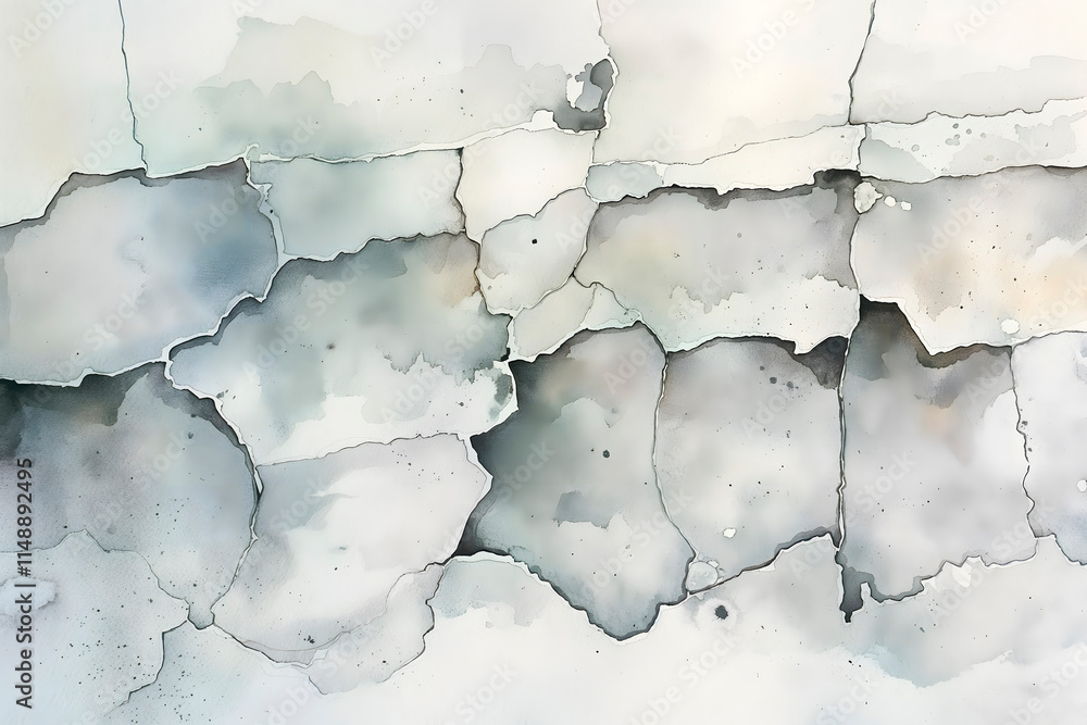 Watercolor depiction of cracked and fractured surface with soft gray ...