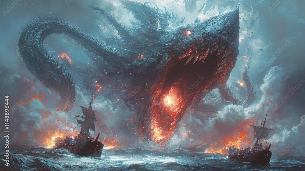 A colossal sea monster emerges from a fiery stormy ocean, attacking ...