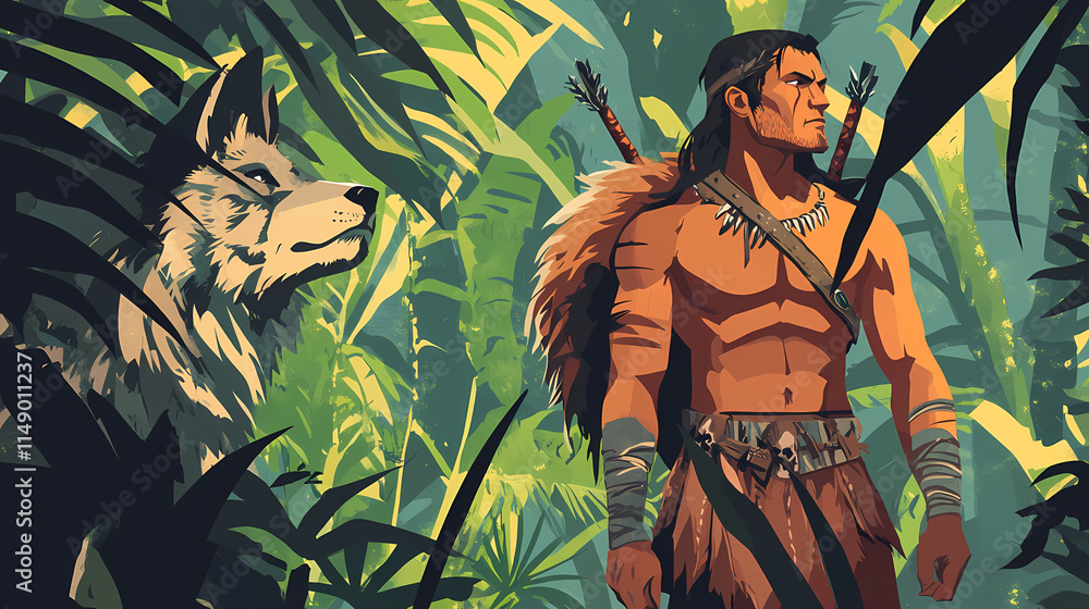 Stalwart barbarian with a wolf pelt over shoulder stands vigilant in ...