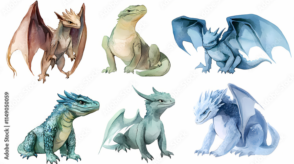 Fantasy creatures including ghost, vampire, yeti, and elf, watercolor ...