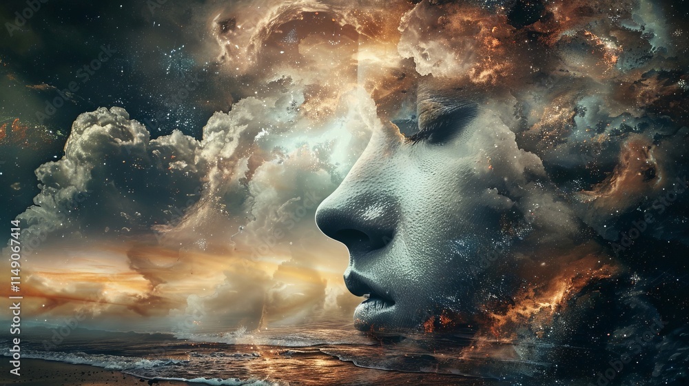 ภาพประกอบสต็อก Surreal artwork showing a face blending into clouds over ...