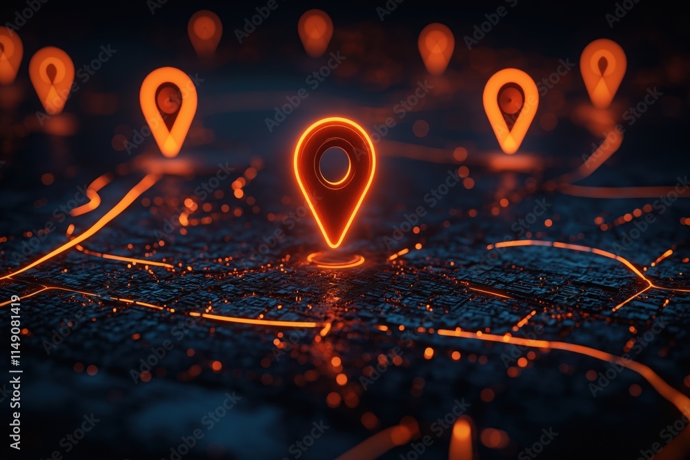Abstract tech map visualization shows glowing location pins on digital city map. Global travel ...