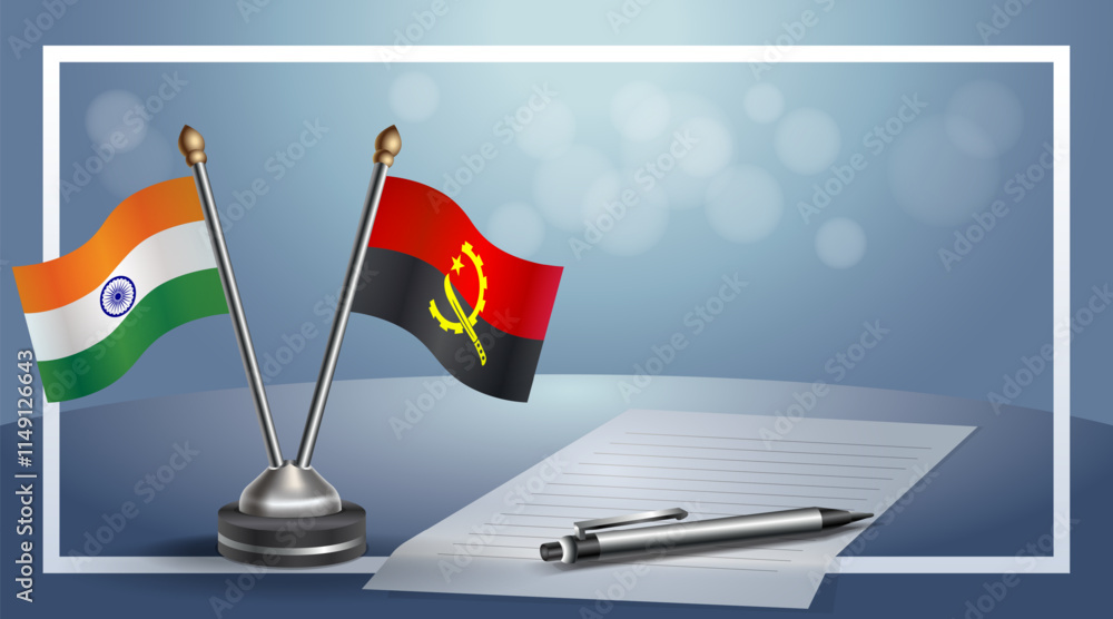 India and Angola National flags on small table with bokeh background ...
