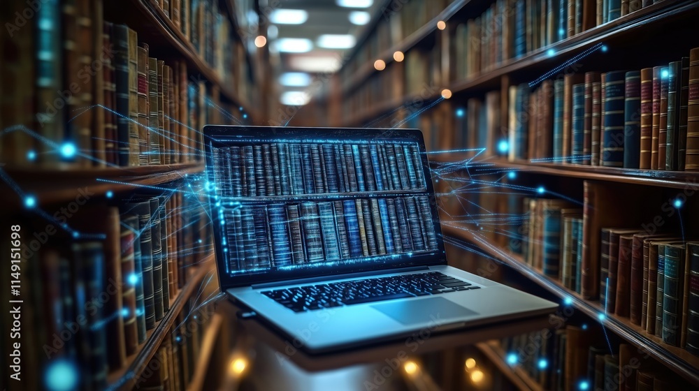 Digital library concept. Laptop screen displays digital books. Virtual ...