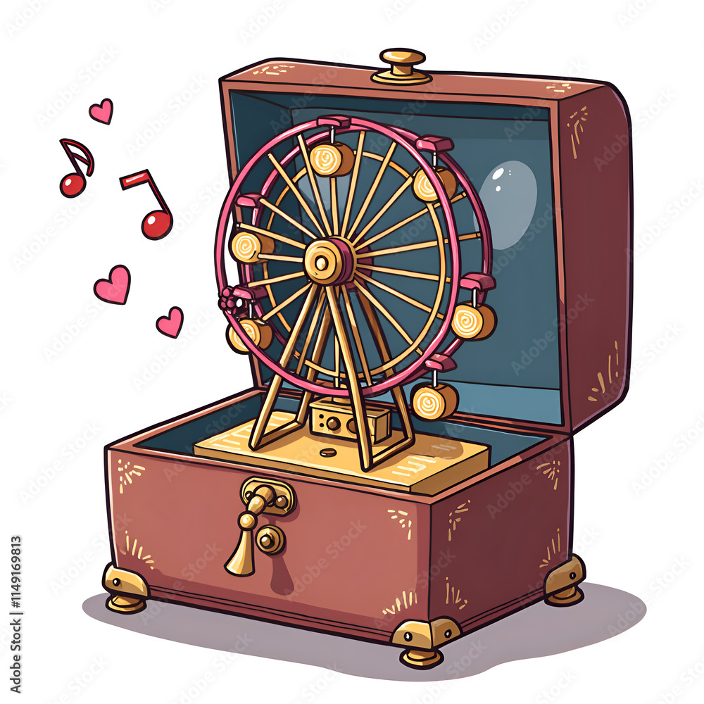 A whimsical music box with a ferris wheel and floating hearts in a ...
