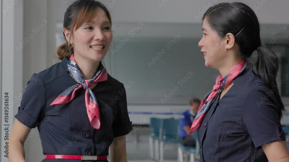 Slowmotion. Two woman friends walking in airport. Cabin crew, air ...