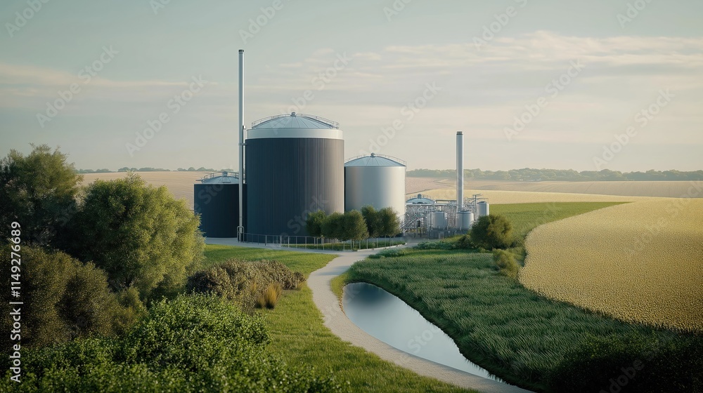 Rural biogas plant processes agricultural waste. Tanks, digesters ...
