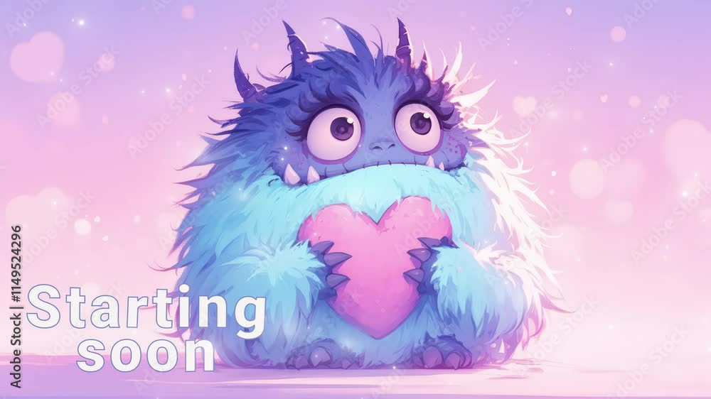 A charming fluffy creature hugs a heart in a magical landscape ...