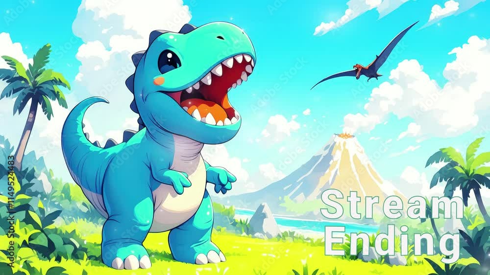 Vibrant dinosaur character celebrates a fun adventure in a tropical ...