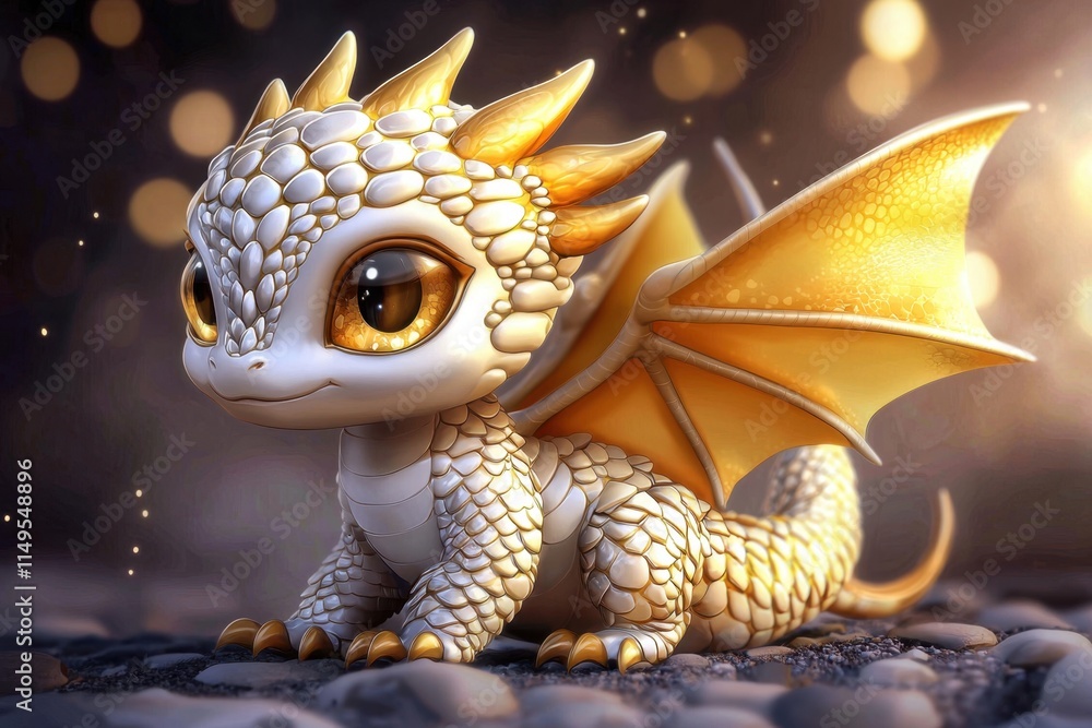 This enchanting baby dragon boasts a stunning color palette of gold and ...