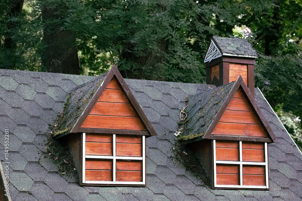 vintage cottage core aesthetic roof top tile of log cabin exterior ...