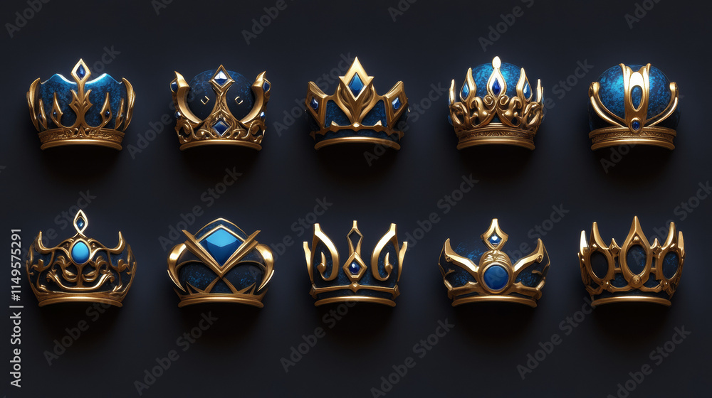 Medieval Game Button Animation Sprite With Crown Cartoon Vector Set 2d Gold Mobile Popup Click