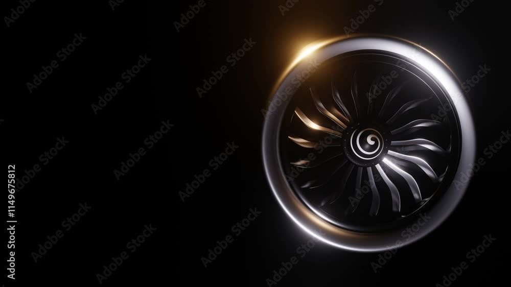 Aircraft engine front view with spinning blades and dark background in ...