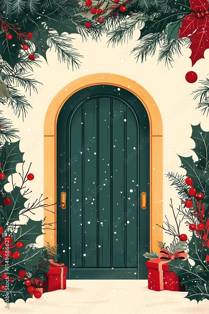 Festive Christmas wedding invitation template with holly leaf border, Christmas candy, Pichwai ...