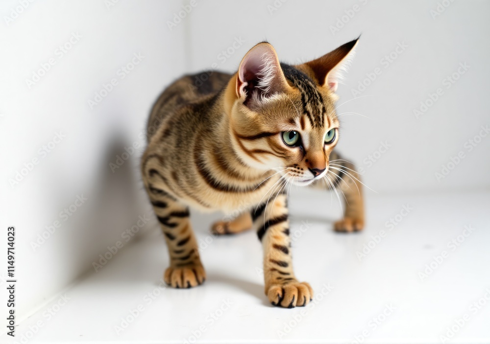 A playful Bengal cat crouching as if ready to pounce, with its ...