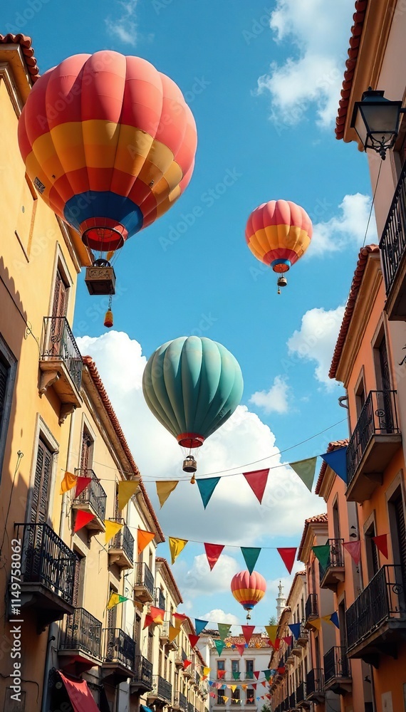 Banderas y globos llenando el aire sobre un techo de madera con dise?os ...