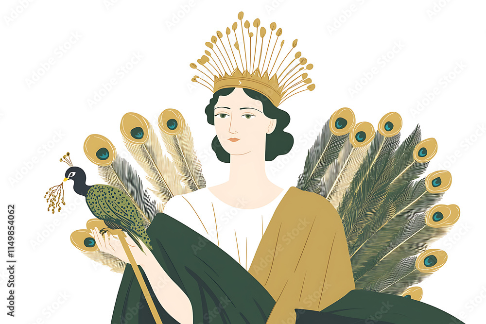 Hera, the Greek goddess of marriage, women, and family, depicted in an elegant pose with a ...
