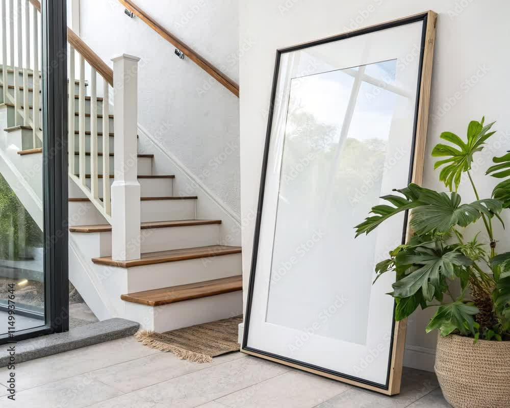 Poster mockup empty wooden frame with passe-partout near gray wall in ...