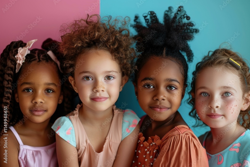 Four young girls of diverse ethnic backgrounds standing together ...