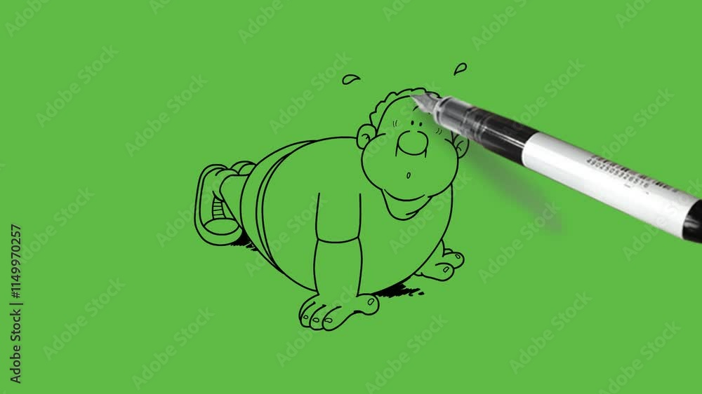 draw young fat man lie down on stomach with support of palms on floor ...