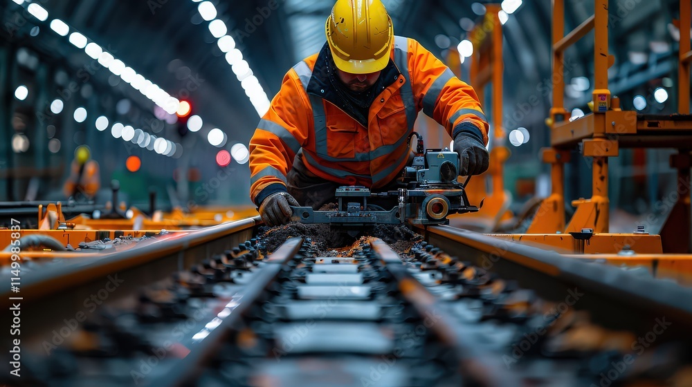 Technicians conducting maintenance on a high-speed railway track laying ...