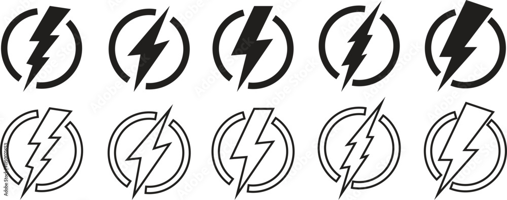 flash lightning bolt icon set. Electric power symbol. Power energy sign ...